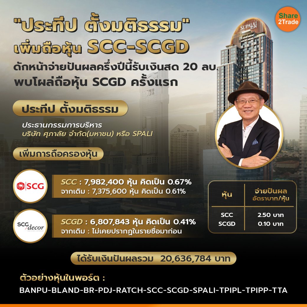 "ประทีป ตั้งมติธรรม"เพิ่มถือหุ้น SCC-SCGD ดักหน้าจ่ายปันผลครึ่งปีนี้รับเงินสด 20 ลบ. พบโผล่ถือ ...